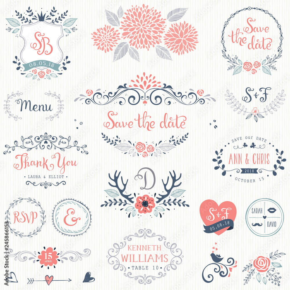 Hand drawn rustic wedding collection with typographic design elements ...