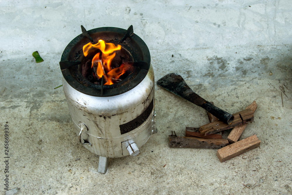 flame from burning of fuel. used waste wood from chopping knife in ...