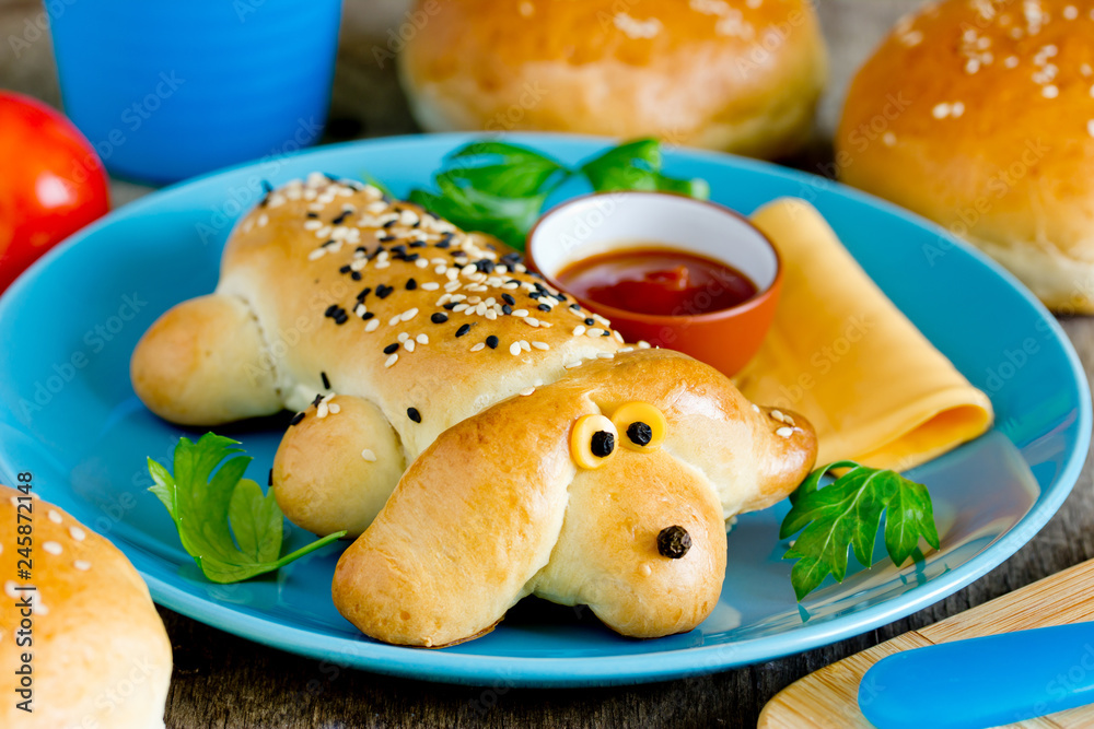 Dog shaped bread roll, hotdog dog, hot dog sausage baked in dough Stock ...