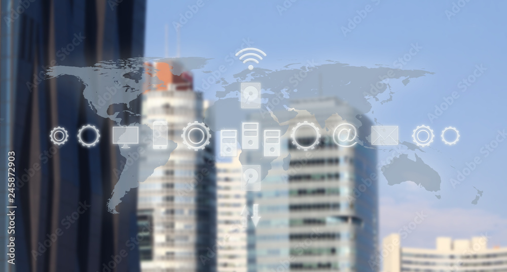 High Tech Global Business Model. Smart City And World Map With Services ...
