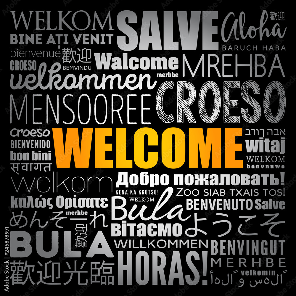 WELCOME word cloud in different languages, concept background Stock ...