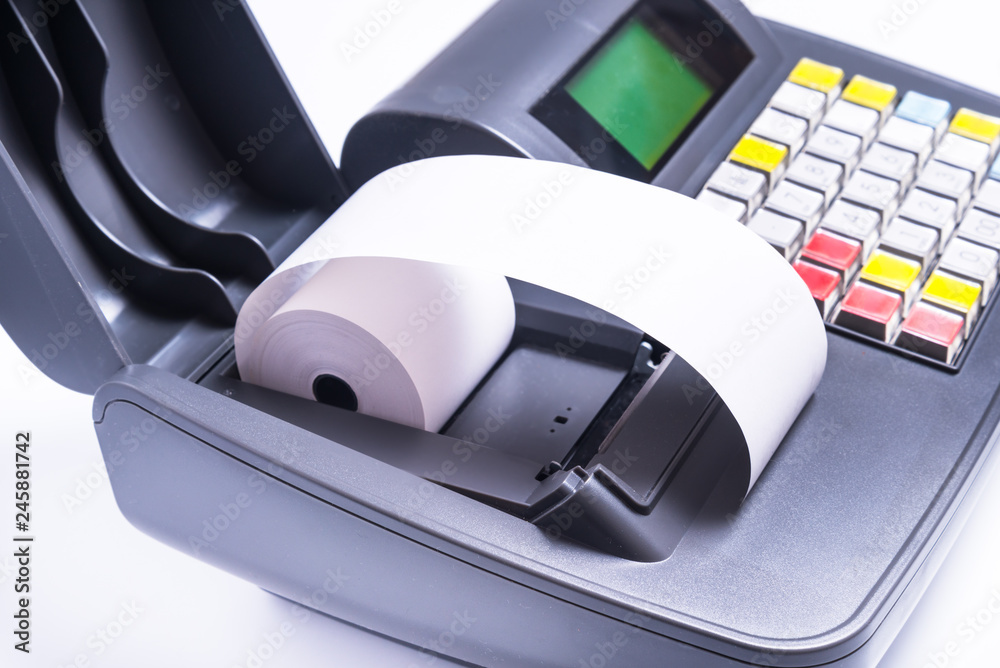 Changing paper roll in electronic cash register machine Stock Photo ...