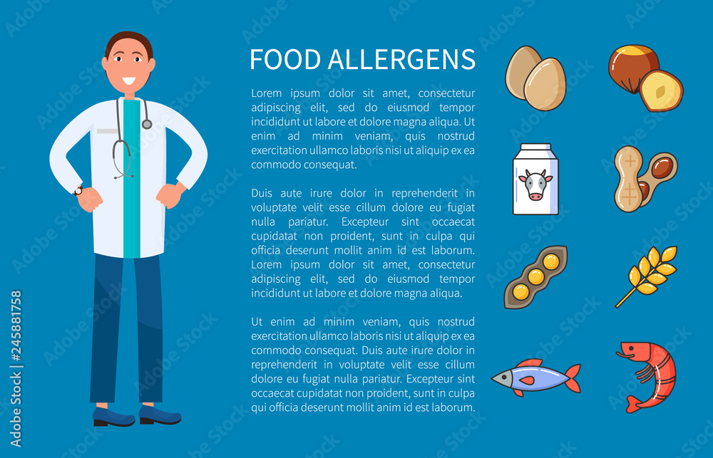 Food allergens vector posters with icons and doctor. Nuts and milk ...