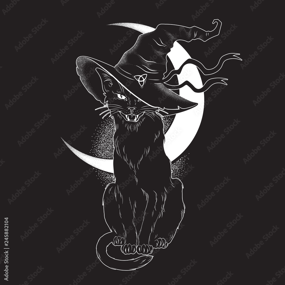 Black cat with pointy witch hat line art and dot work. Wiccan familiar ...