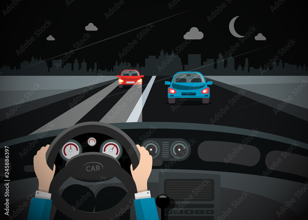 Driving Car in the Night with Cars aon Street and City on Background ...