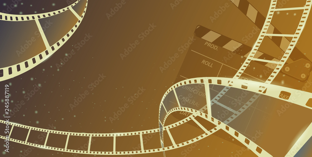 Different film strip frame with clapperboard isolated on blue ...