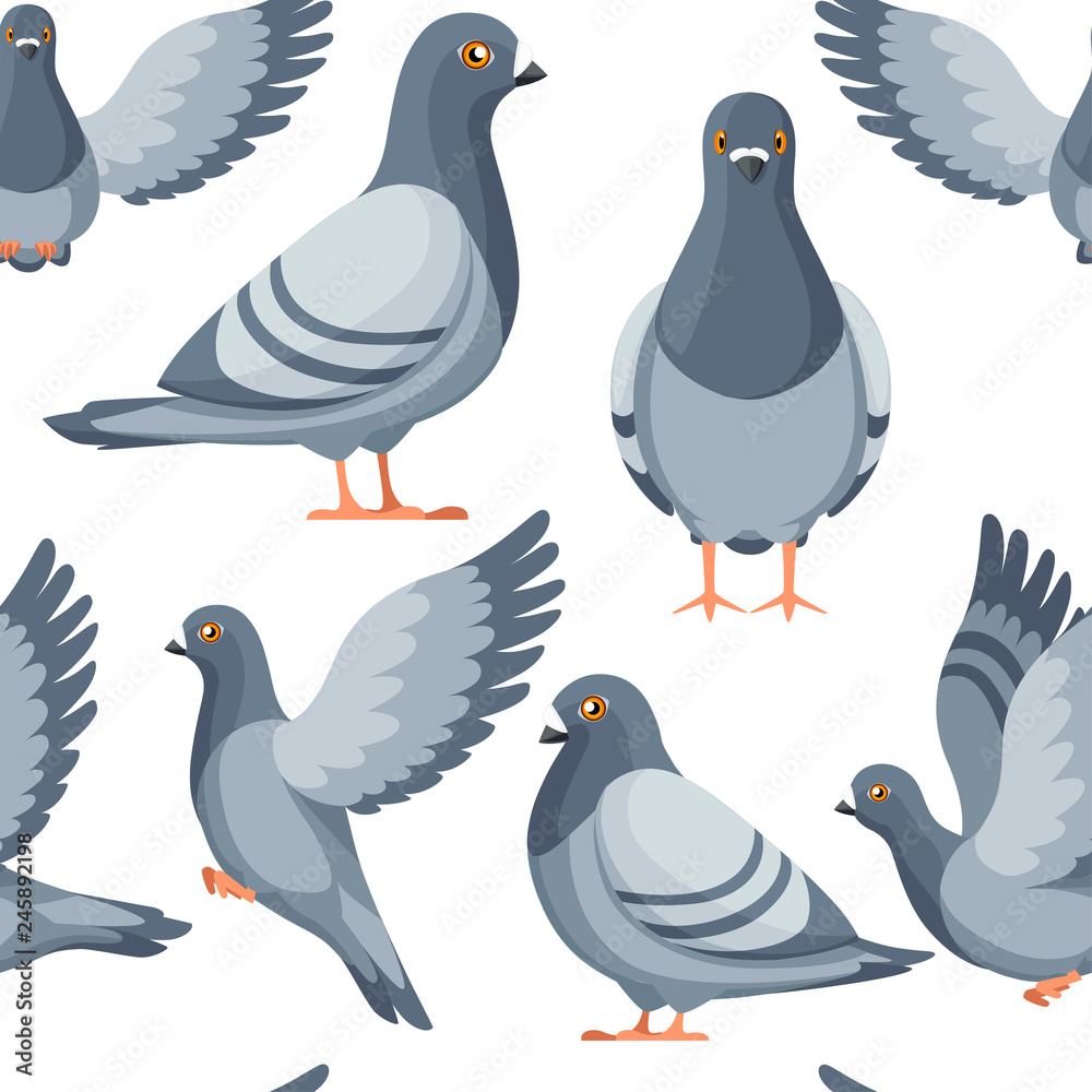 Seamless pattern. Colorful Icon set of Pigeon bird flying and sitting ...