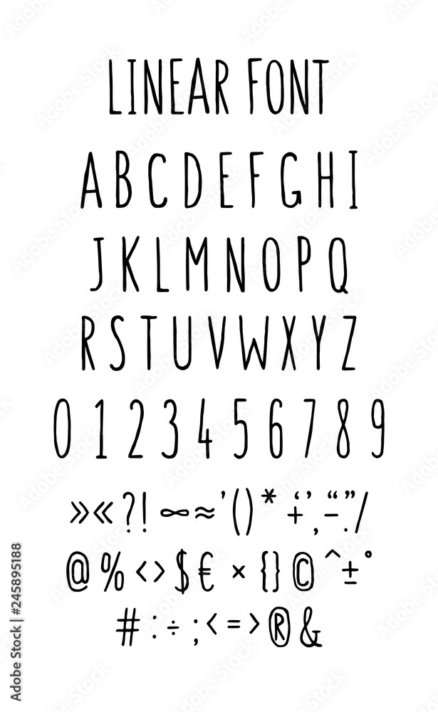 Font set of letters and symbols. Linear, contour letters. Flat style ...