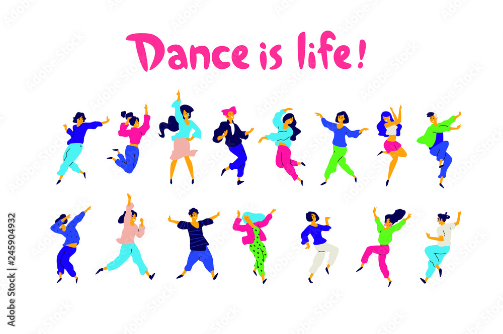 A group of dancing people in different poses and emotions. Vector ...
