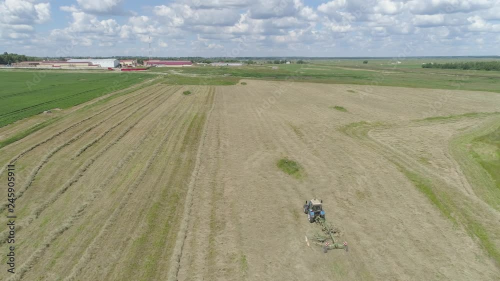 Aerial, view agricultural machinery with wheeled rake makes ranks ...