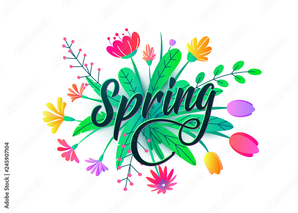 Spring word vector background with flat minimal flowers, leaves ...