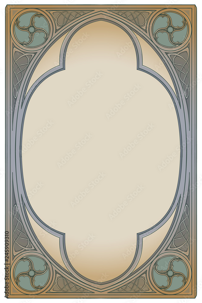 Medieval manuscript style rectangular frame. Gothic style pointed arch ...