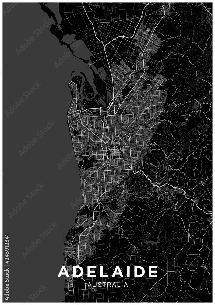 Adelaide (Australia) city map. Black and white poster with map of ...