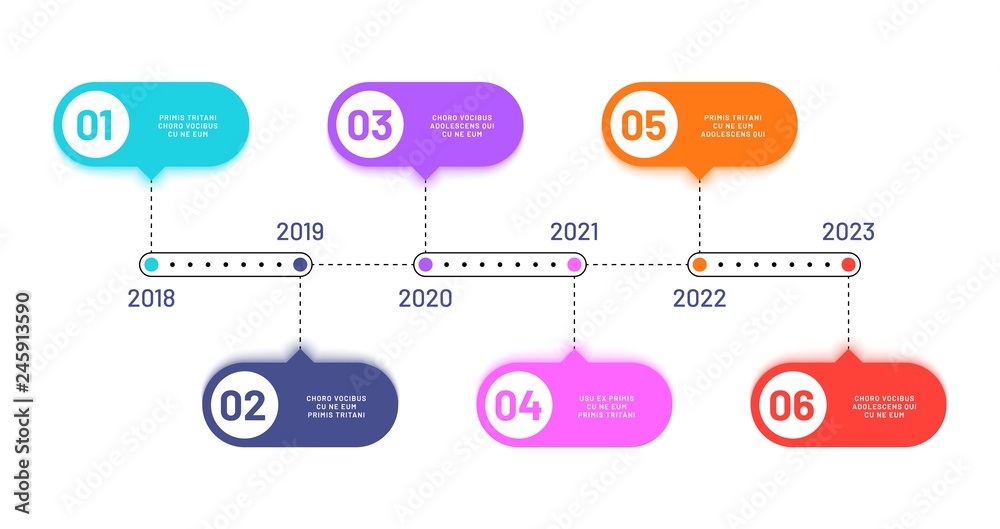 Business timeline. 6 process steps, horizontal workflow processing ...