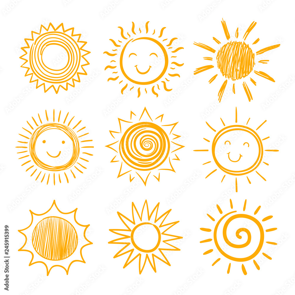Sketch sun icons. Hand drawn sunshine. Summer morning sunrise. Doodle ...
