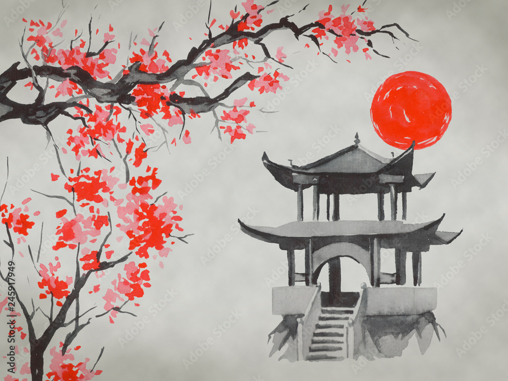 Japan traditional sumi-e painting. Watercolor and ink illustration in ...