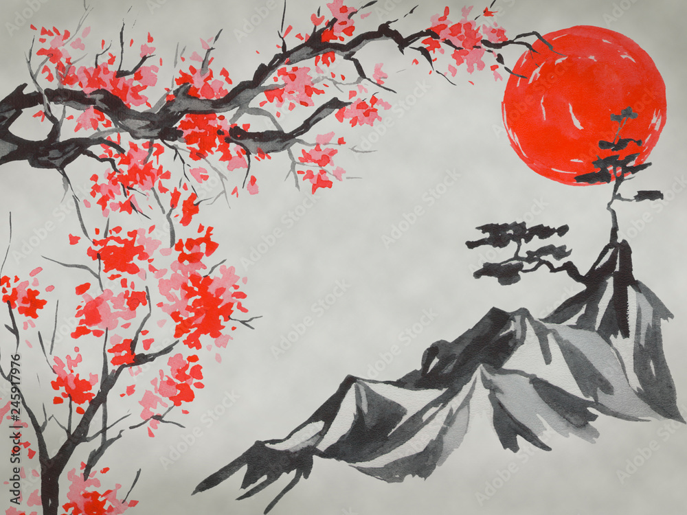 Japan traditional sumi-e painting. Watercolor and ink illustration in ...