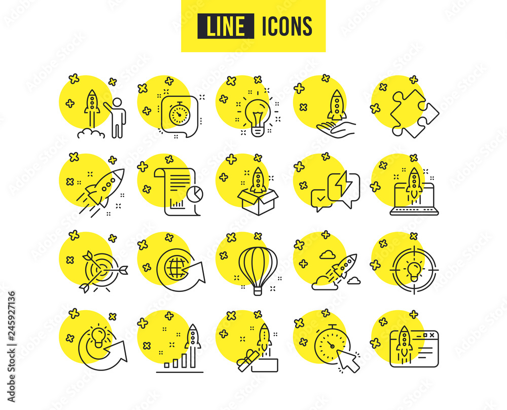 Startup line icons. Set of Launch Project, Business report and Target ...
