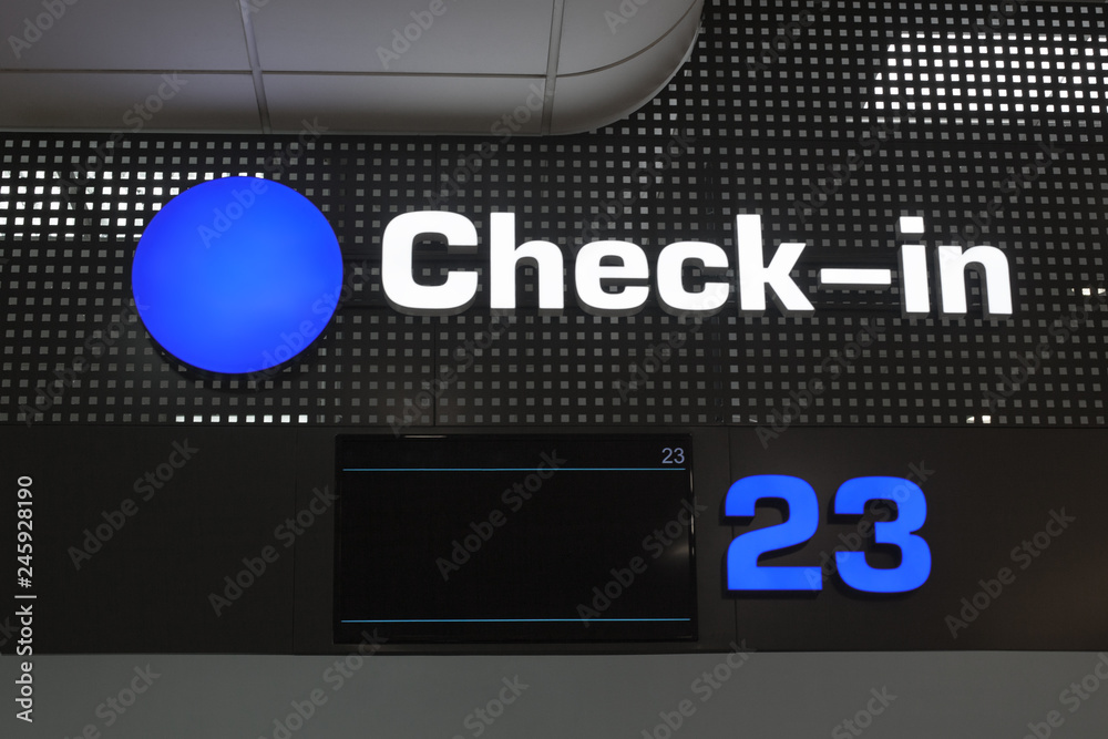 Check in desk at international airport, checkin counter and monitor for ...