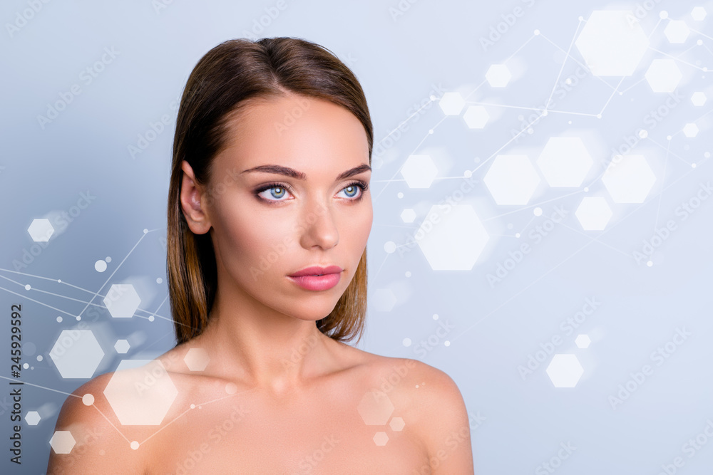 Advert cream wrinkle removal concept. Close-up portrait of nice cute ...