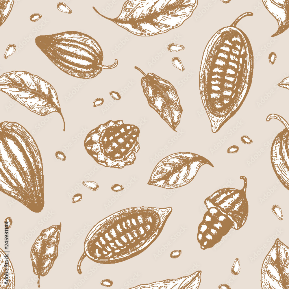 Monochrome seamless pattern with pods or fruits of cocoa tree, beans or ...