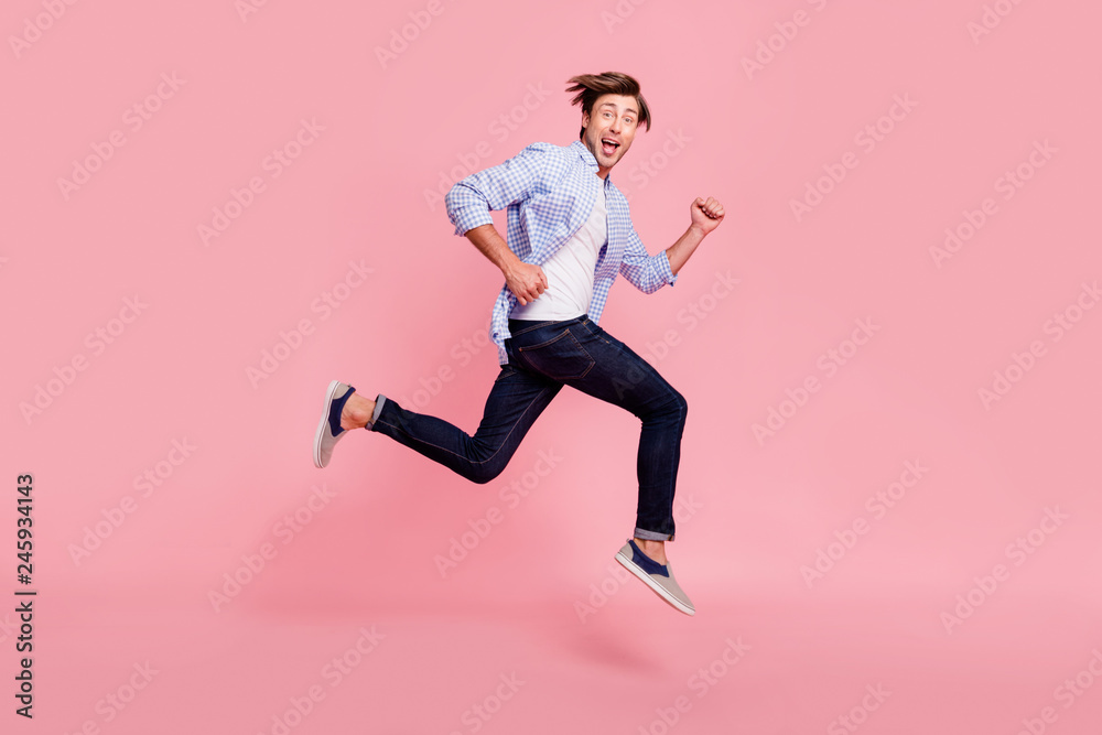 Full length side profile body size photo of jumping high he his him ...