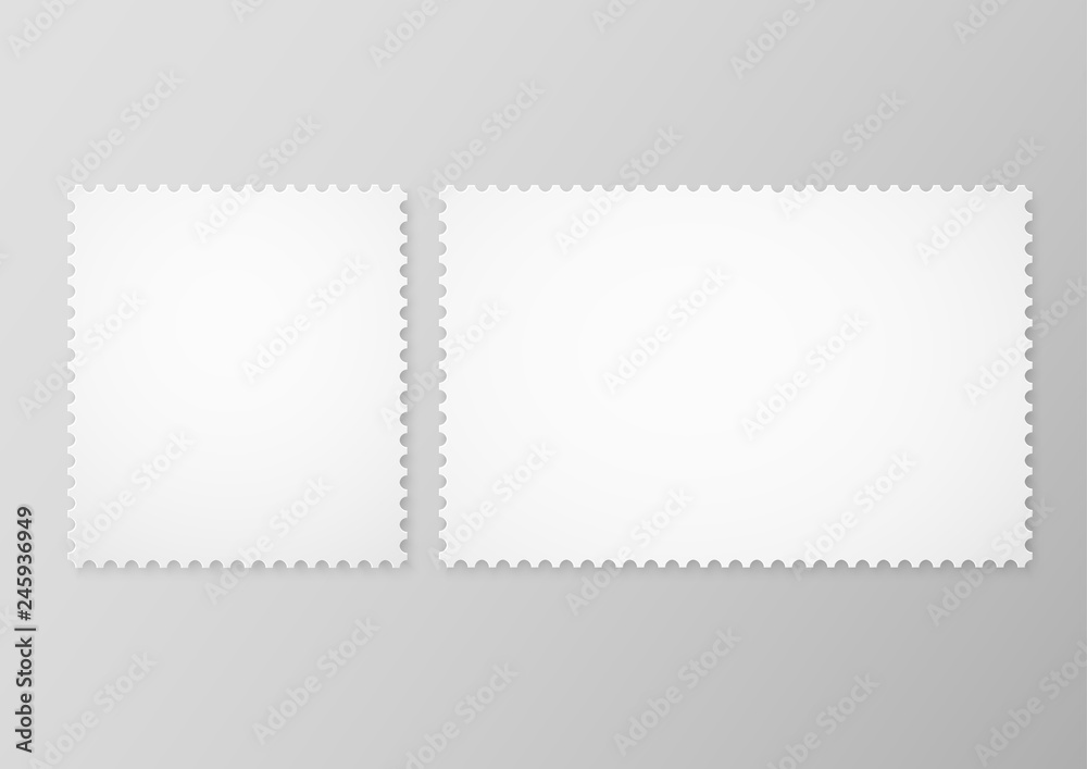 Vector set of blank postage stamps isolated on grey background. Blank ...