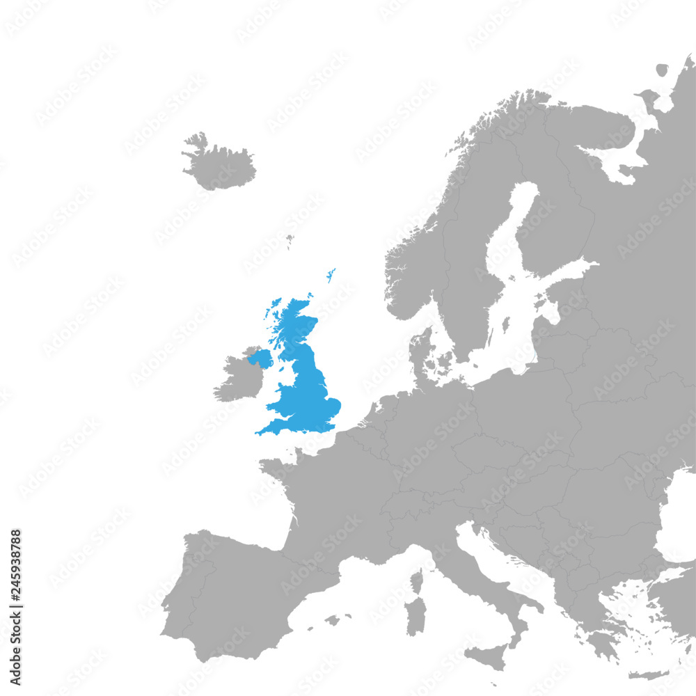 The map of UK is highlighted in blue on the map of Europe Stock Vector ...