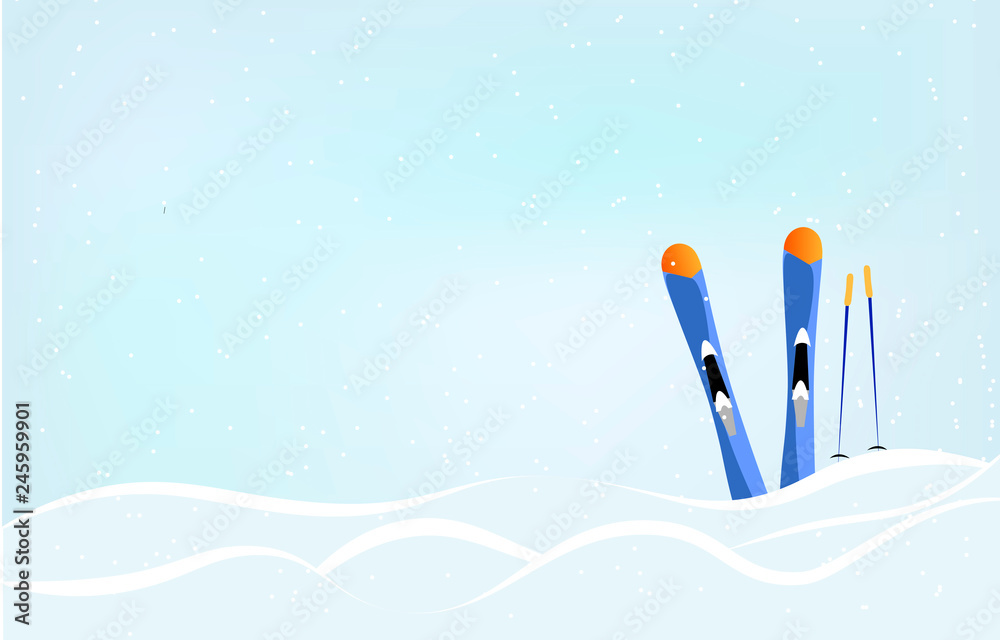 Ski equipment, trail, Alps, snow, mountains panoramic background. flat ...