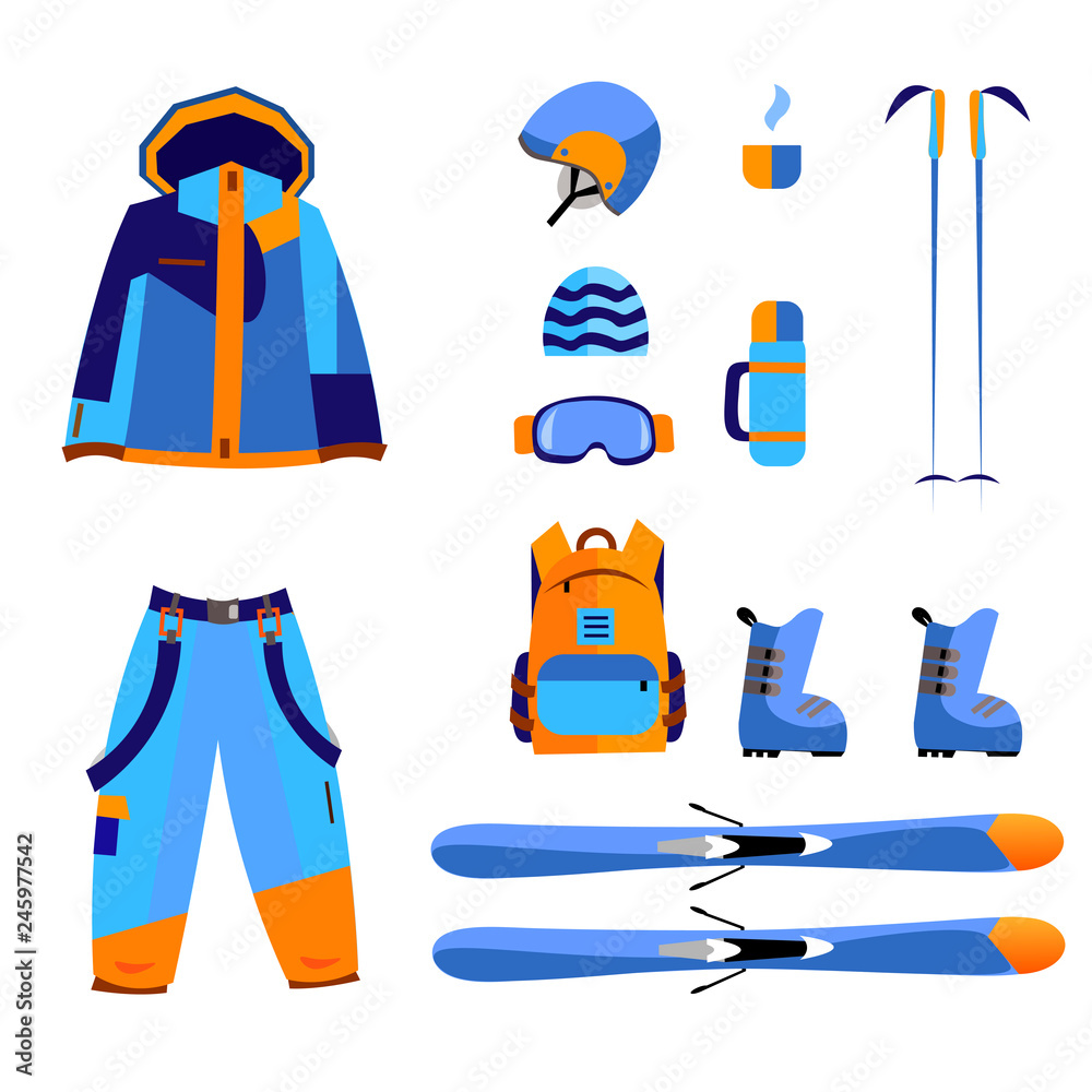 Ski and snowboarding equipment. Flat vector illustration. Winter banner ...