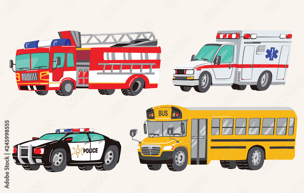 Set of Toy social Vehicles. Special Machines, police car, fire truck ...
