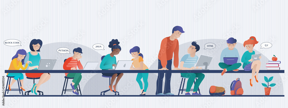 Banner - kids learning computer science in class Stock Vector | Adobe Stock