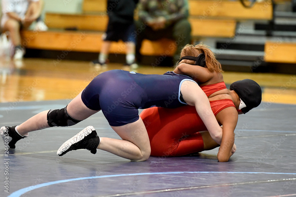 High School wrestlers competing at a wrestling meet. Stock Photo ...