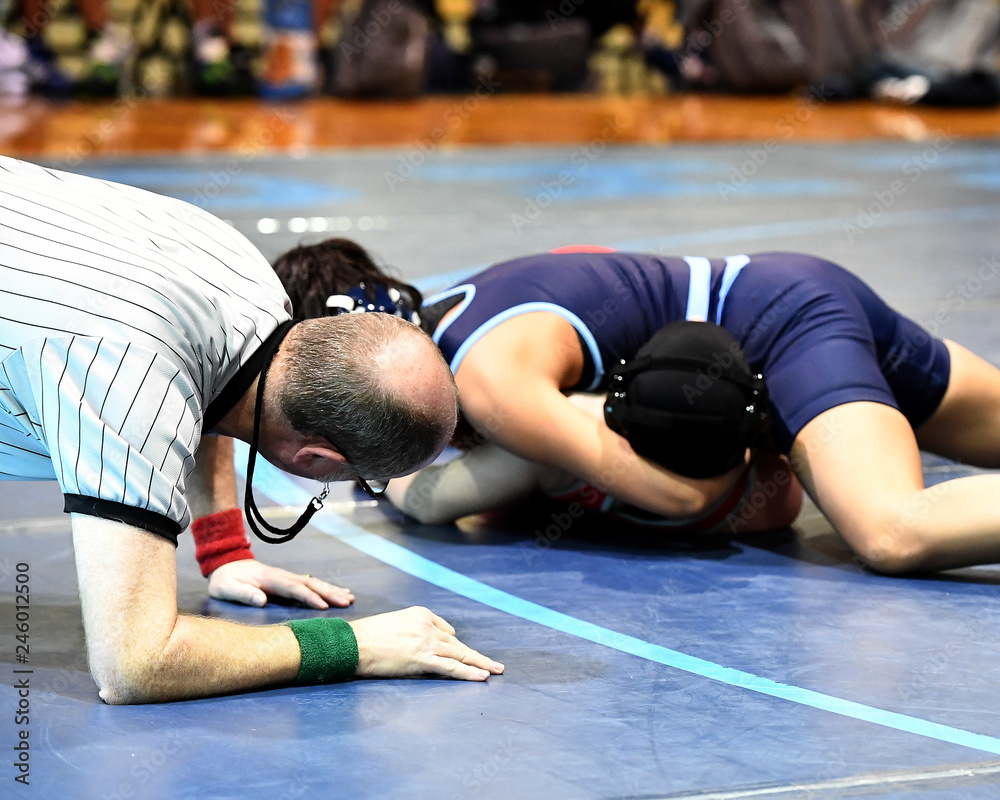 High School wrestlers competing at a wrestling meet. Stock Photo ...