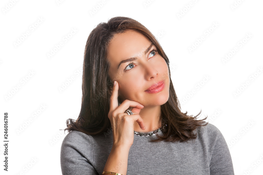 Closeup portrait of a beautiful young woman thinking or having an idea ...
