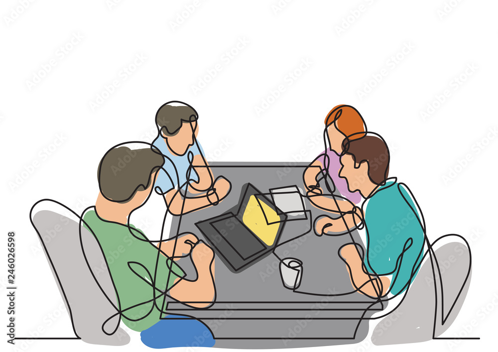 continuous line drawing of four team members working together Stock ...