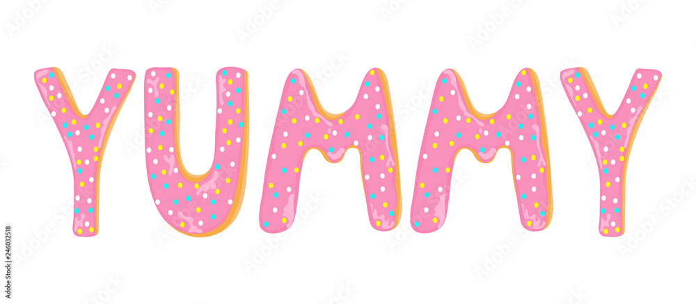 Word YUMMY made from donuts letters. Hand drawn icing sweet vector ...