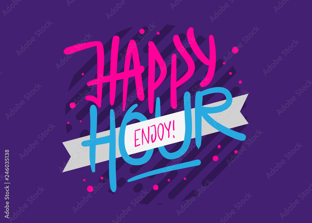 Happy Hour Label Sign Logo Hand Drawn Brush Lettering Calligraphy Type ...