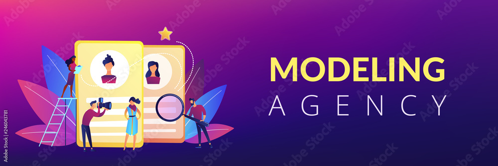 Vetor de Modeling agency manager and photographer take photos of model ...