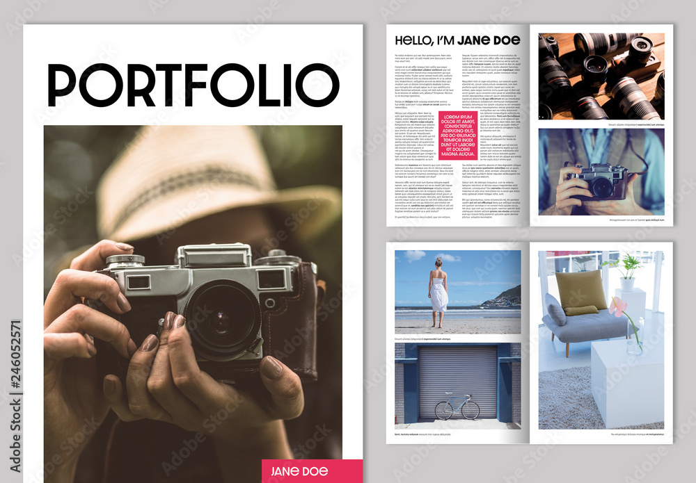 Portfolio Layout with Bright Pink Accents Stock Template | Adobe Stock