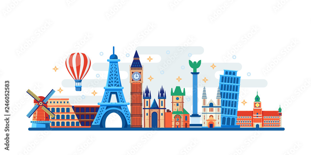 Famous travel and touristic landmarks. Vector flat illustration. World ...