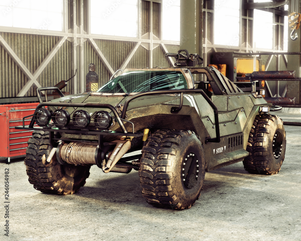 Weaponized off road 4x4 combat vehicle stored inside an industrial ...