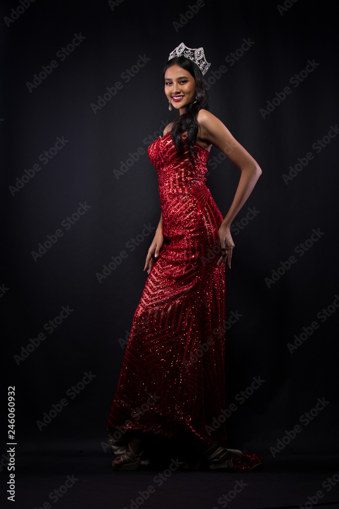 Full Length of Miss Pageant Contest in Asian woman Red Evening Ball ...