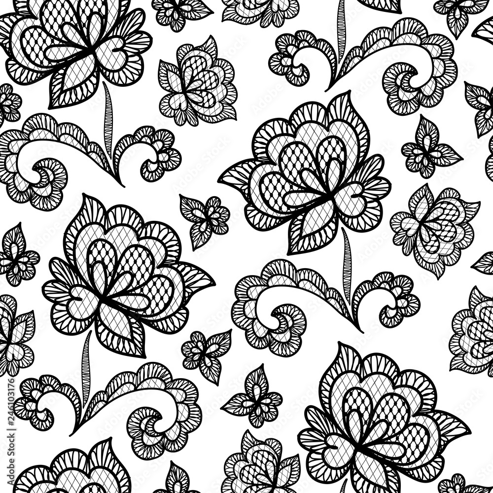Black seamless lace pattern with rose on transparent background Stock ...