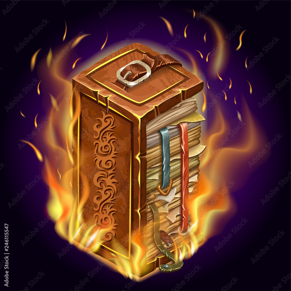 Isometric old burning book of magic spells and witchcraft with torn ...