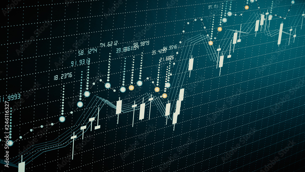 Futuristic digital business forex currency candle chart rise. 3D ...