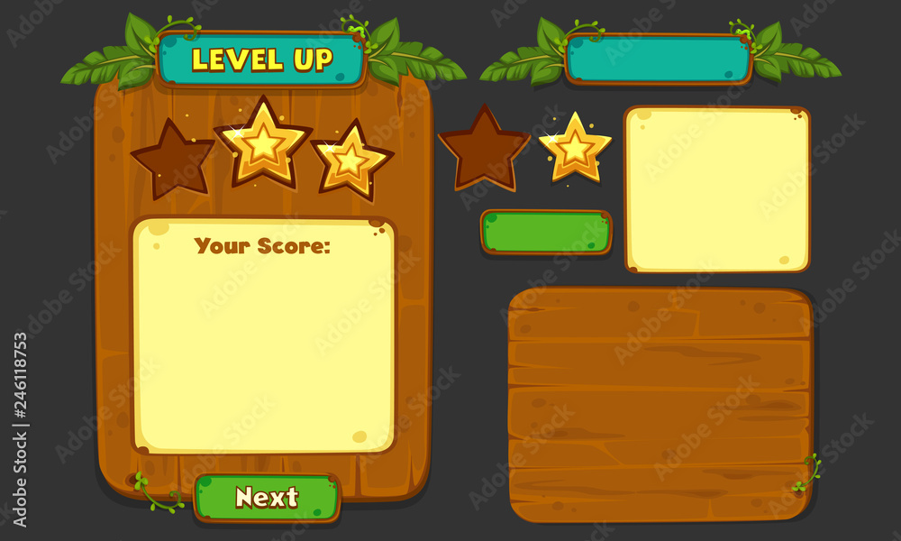 Set of UI elements for 2D games and apps, Jungle Game UI part 4 Stock ...