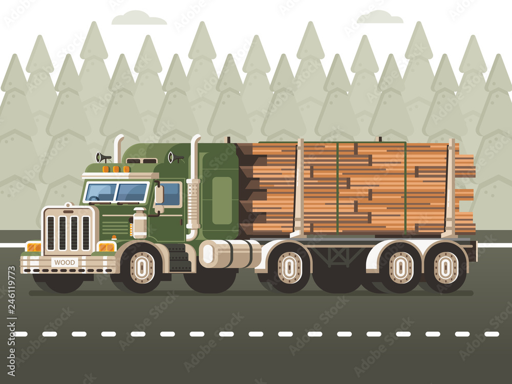 Logging truck or timber lorry with dolly trailer carrying logs on road ...