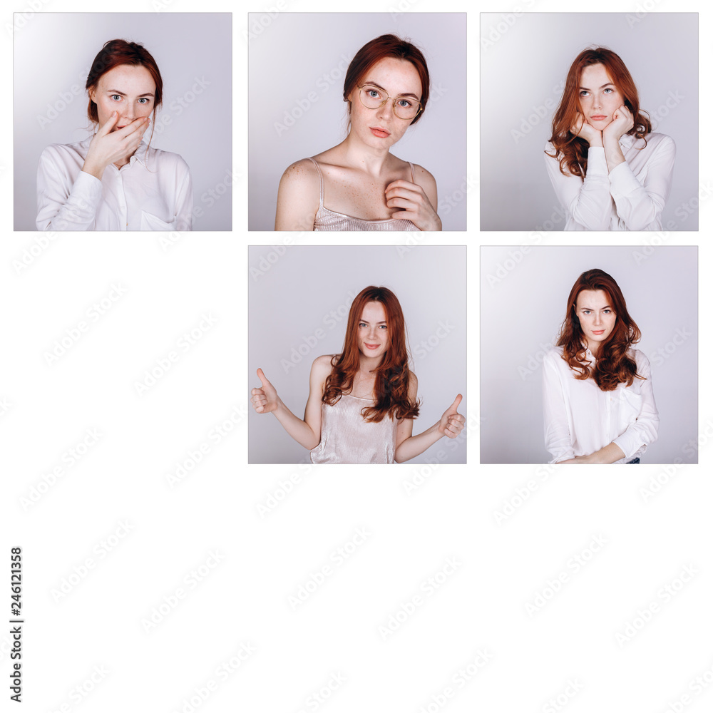 Сollage of different portraits of freckled ginger model posing on grey ...
