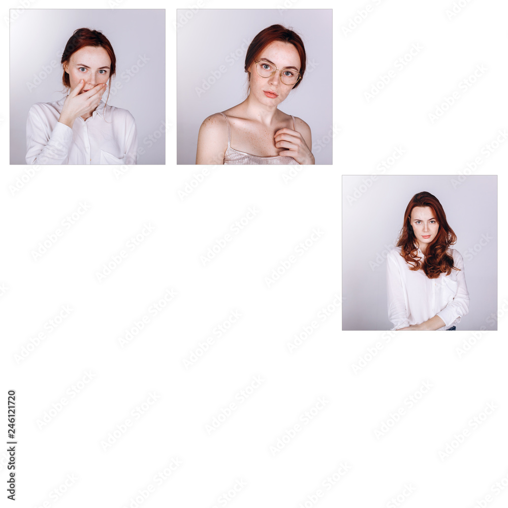 Сollage of different portraits of freckled ginger model posing on grey ...